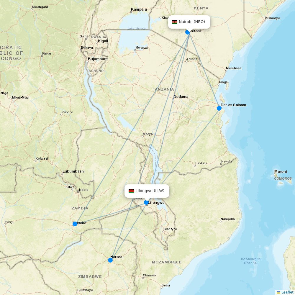 Kenya Airways airline routes (KQ) 2026, map - Flight Routes