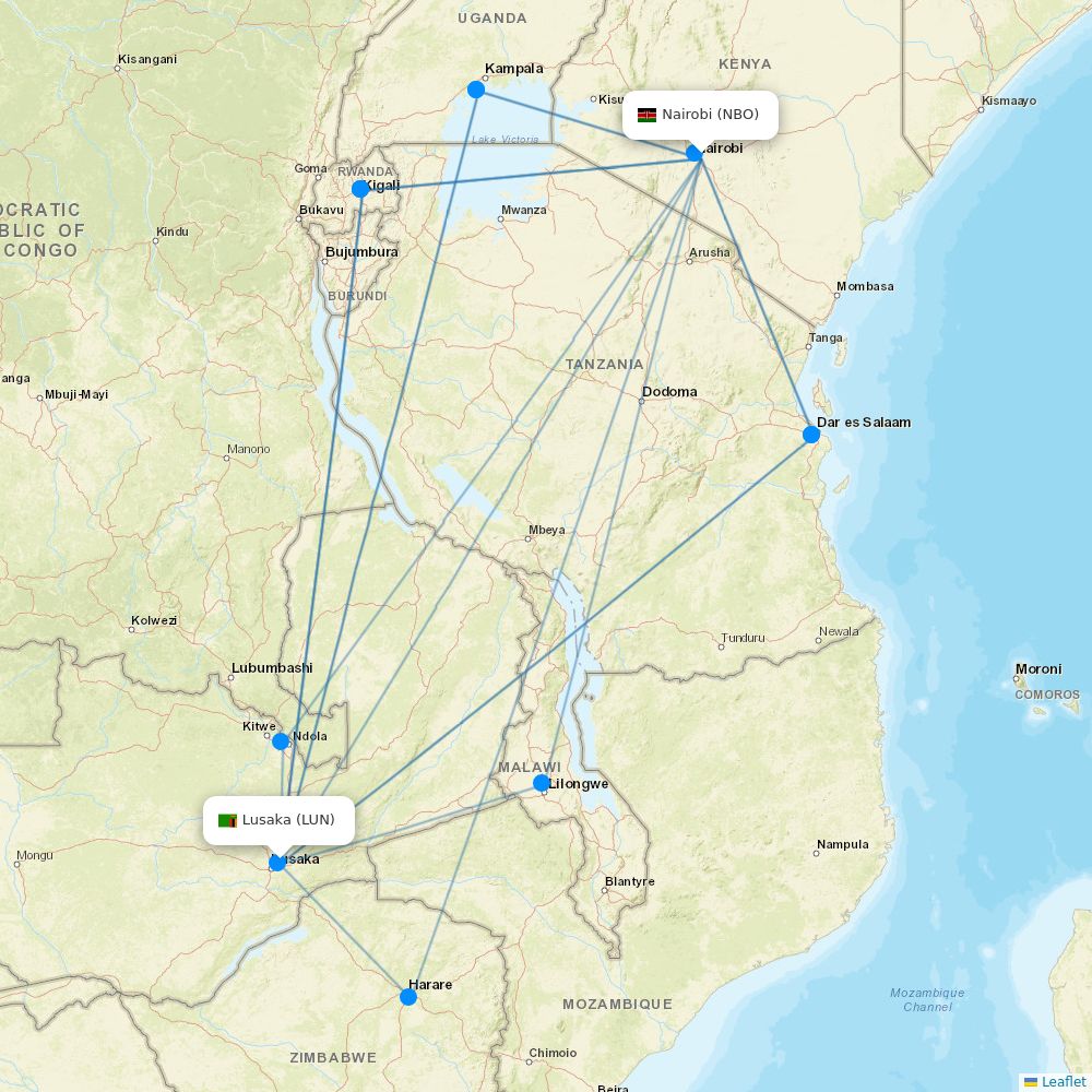 Kenya Airways airline routes (KQ) 2026, map - Flight Routes