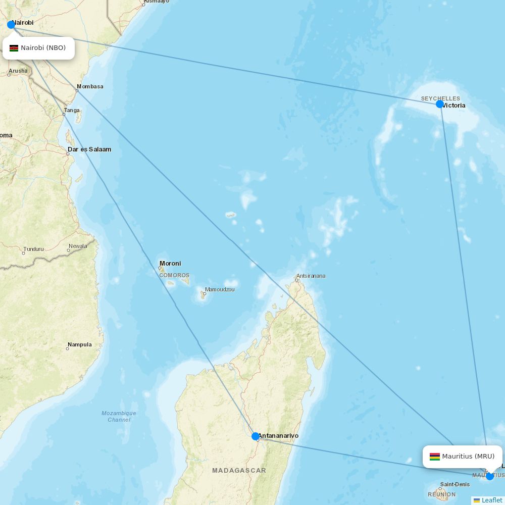 Kenya Airways airline routes (KQ) 2025, map - Flight Routes