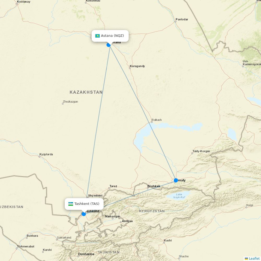 Uzbekistan Airways airline routes (HY) 2025, map - Flight Routes