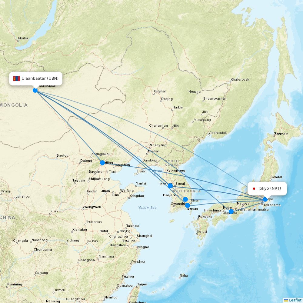 Aero Mongolia airline routes (M0) 2026, map - Flight Routes