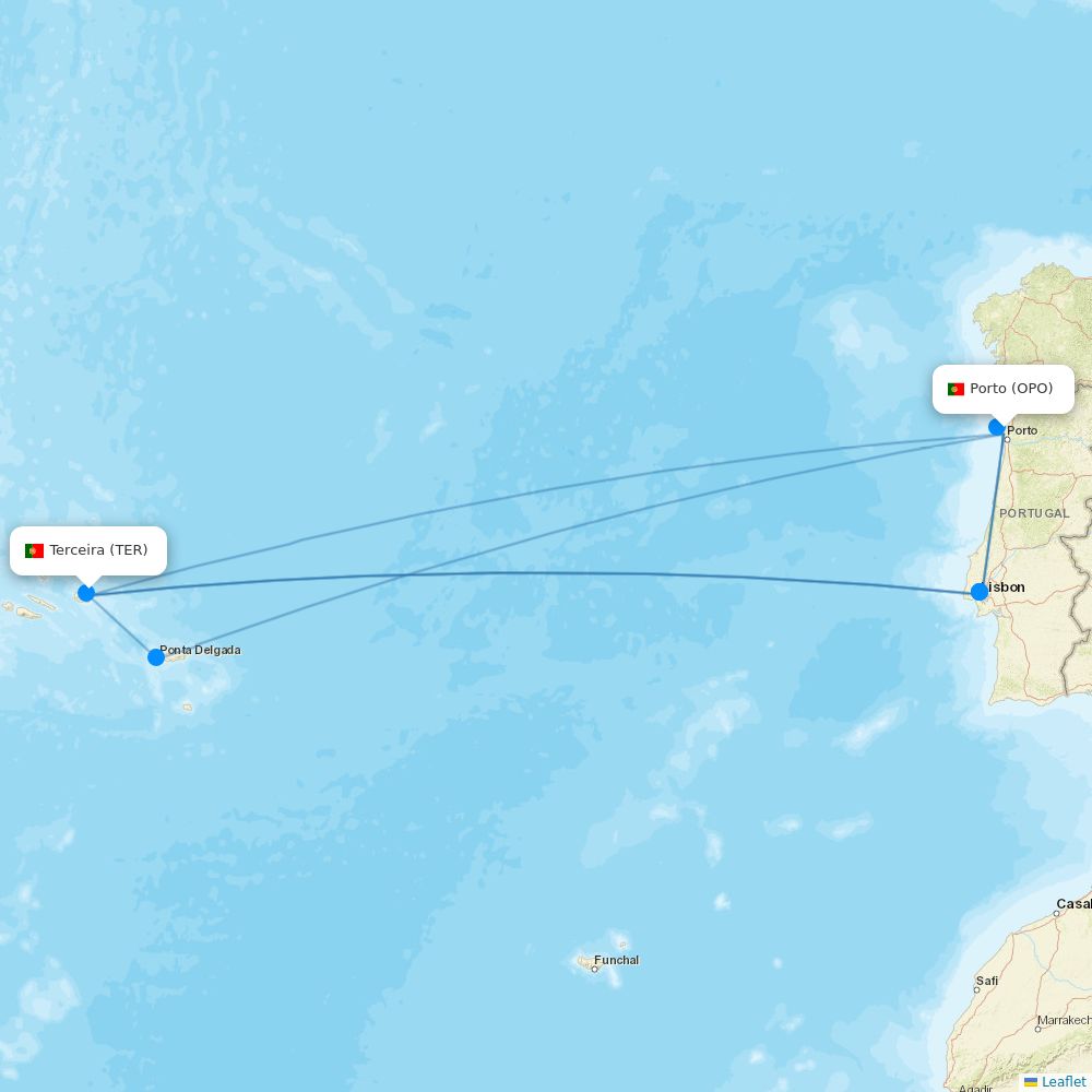 Azores Airlines routes (S4) 2026, map - Flight Routes