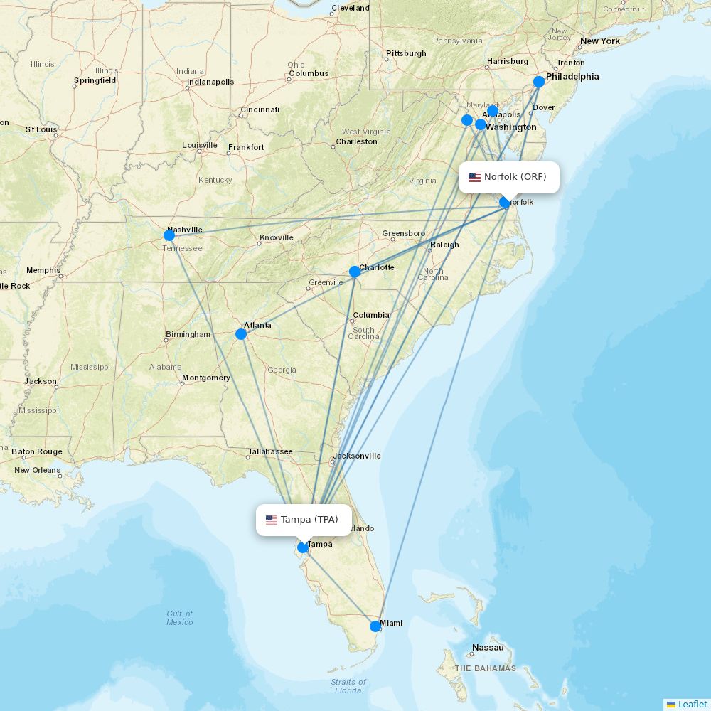Breeze Airways airline routes (MX) 2025, map - Flight Routes
