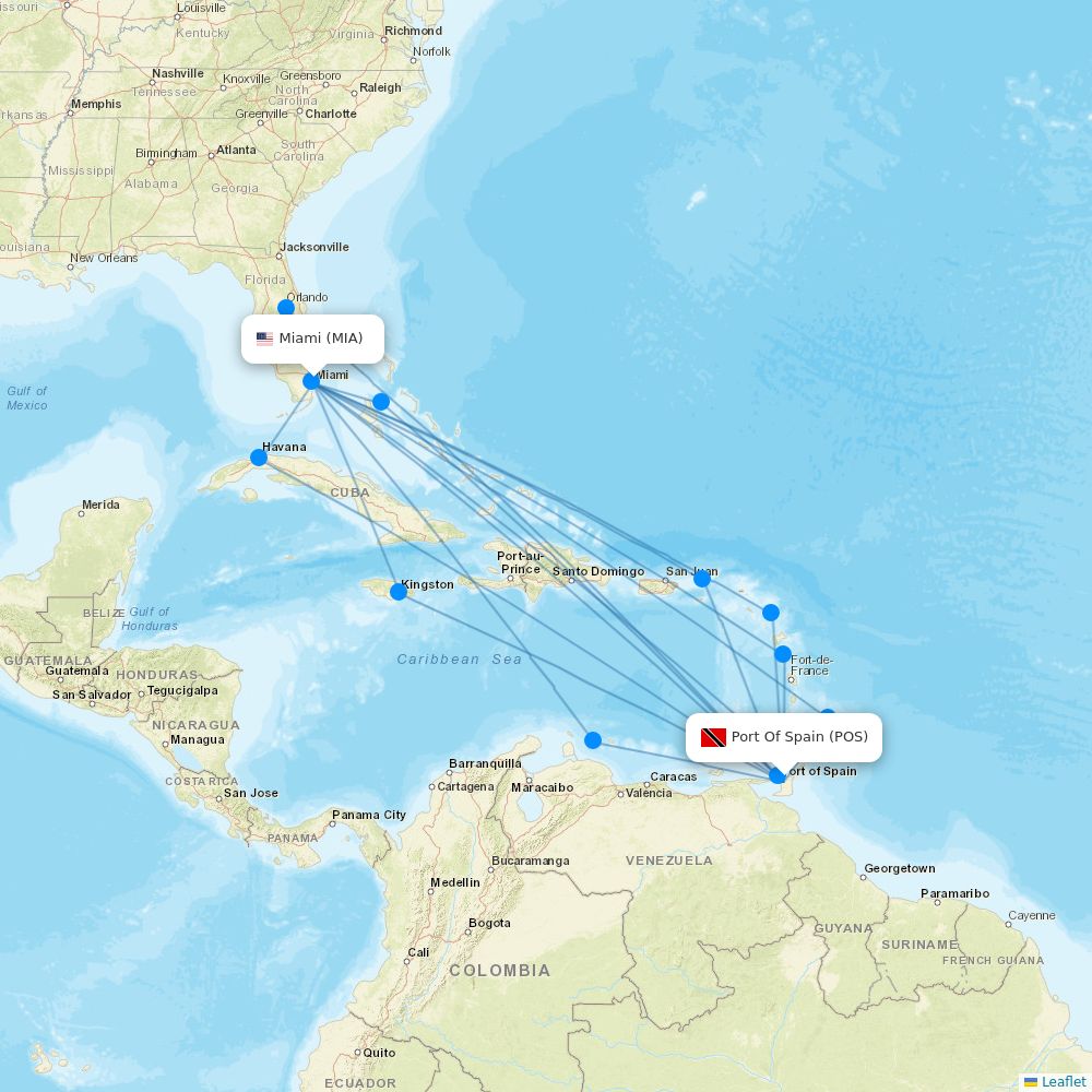 Caribbean Airlines routes (BW) 2026, map - Flight Routes