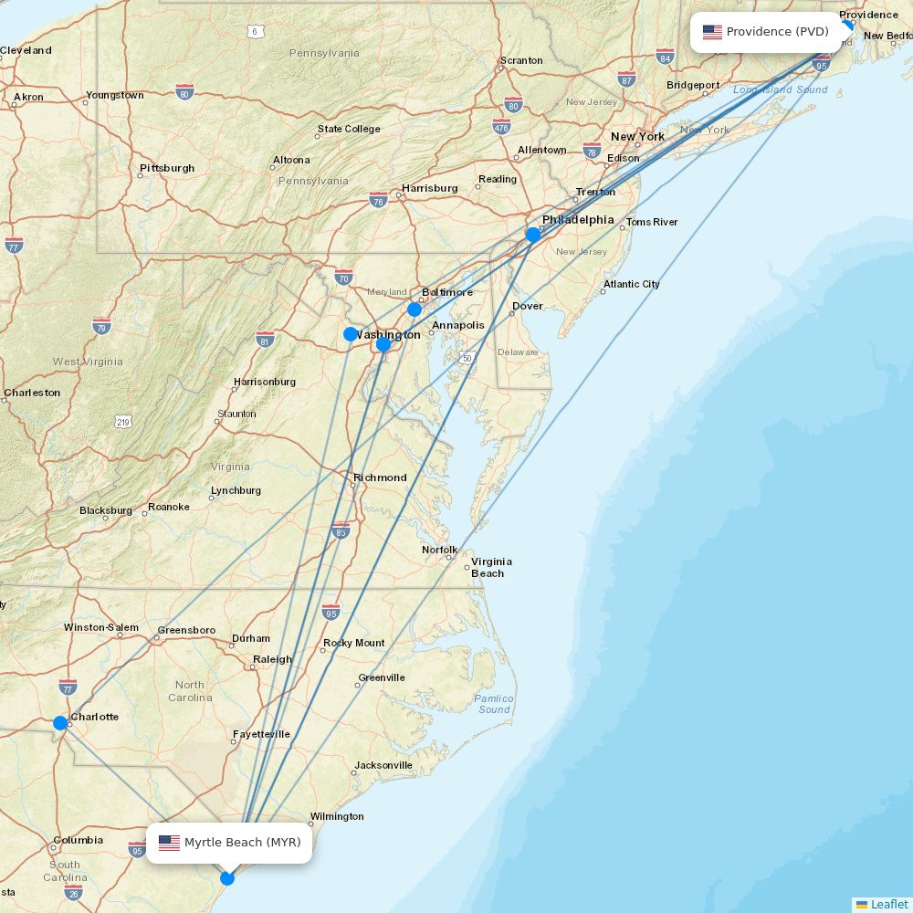 Breeze Airways airline routes (MX) 2025, map - Flight Routes