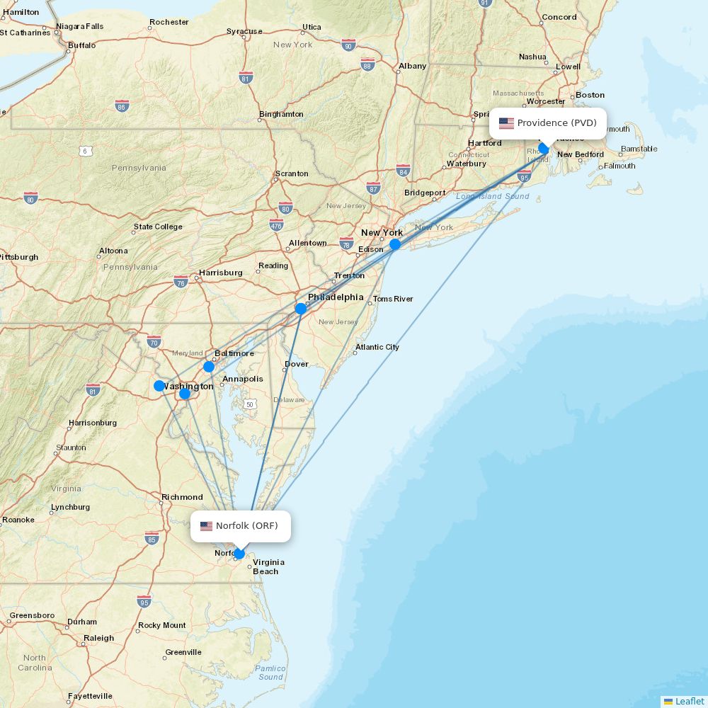 Breeze Airways airline routes (MX) 2025, map - Flight Routes