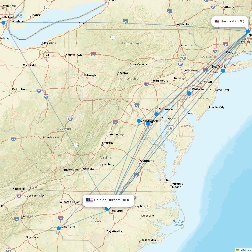 Breeze Airways airline routes (MX) 2025, map - Flight Routes