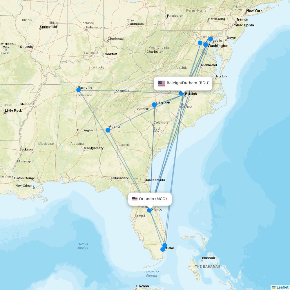 Breeze Airways airline routes (MX) 2025, map - Flight Routes