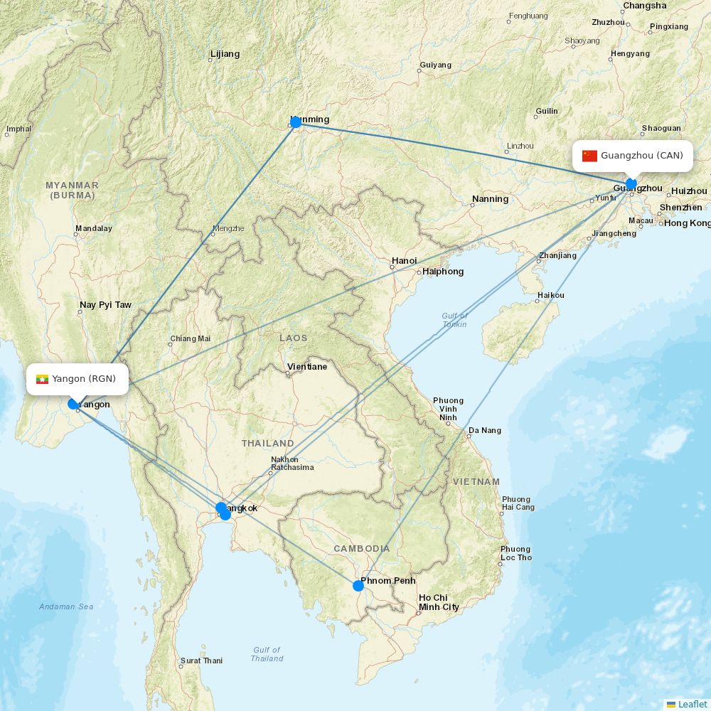 Myanmar Airways International airline routes (8M) 2025, map - Flight Routes