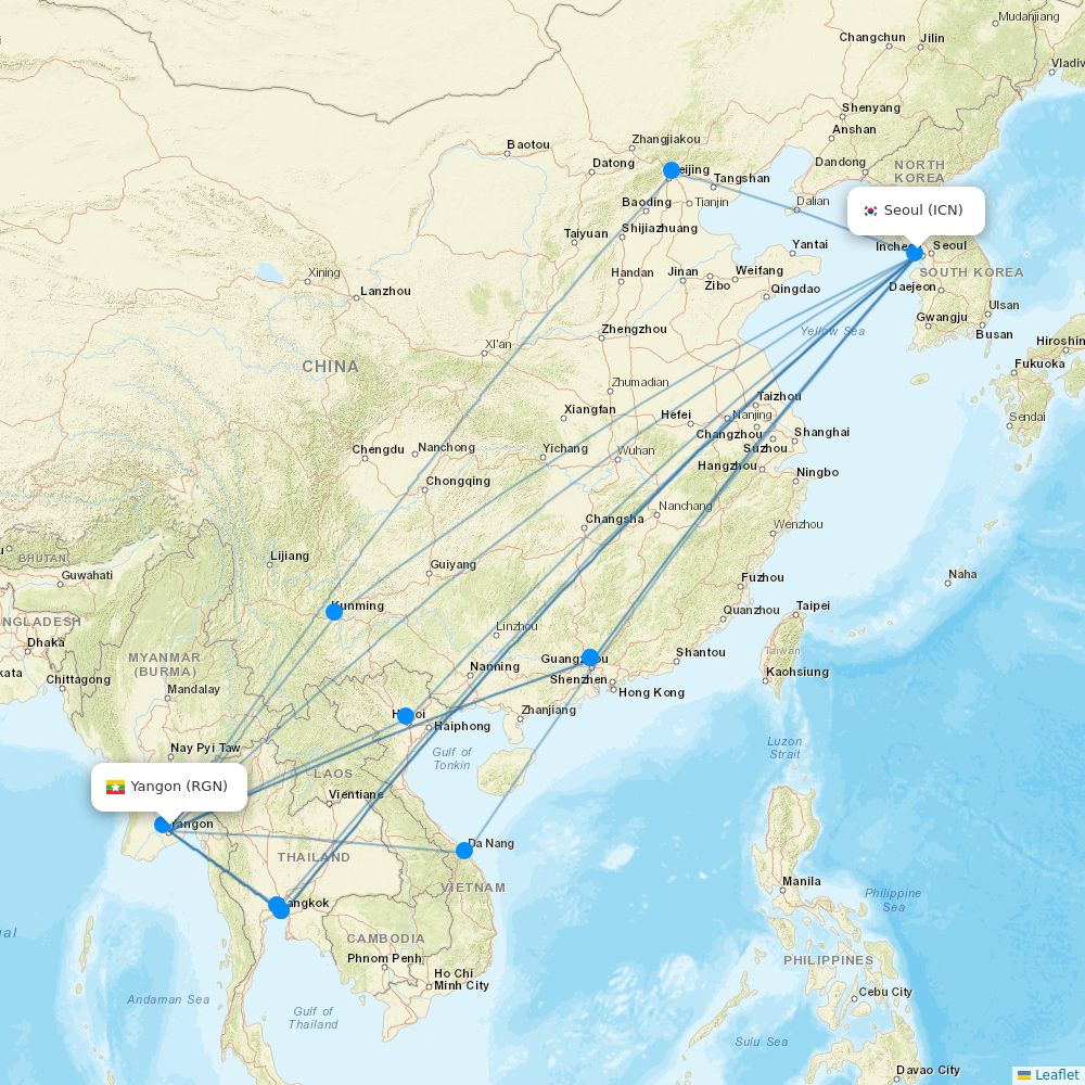 Myanmar Airways International airline routes (8M) 2025, map - Flight Routes