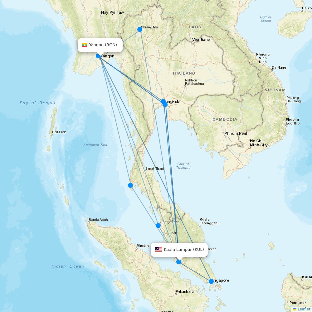 Myanmar Airways International airline routes (8M) 2026, map - Flight Routes