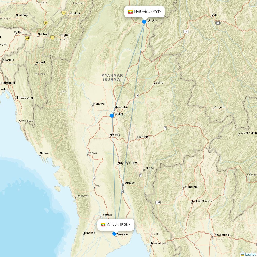 Myanmar Airways International airline routes (8M) 2025, map - Flight Routes