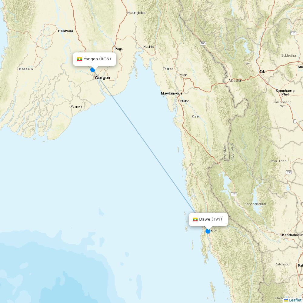 Myanmar Airways International airline routes (8M) 2026, map - Flight Routes