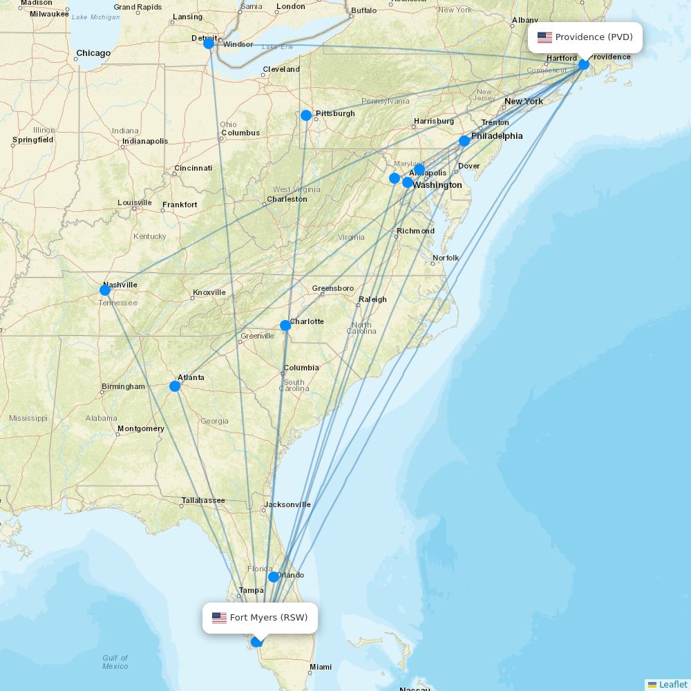 Breeze Airways airline routes (MX) 2025, map - Flight Routes