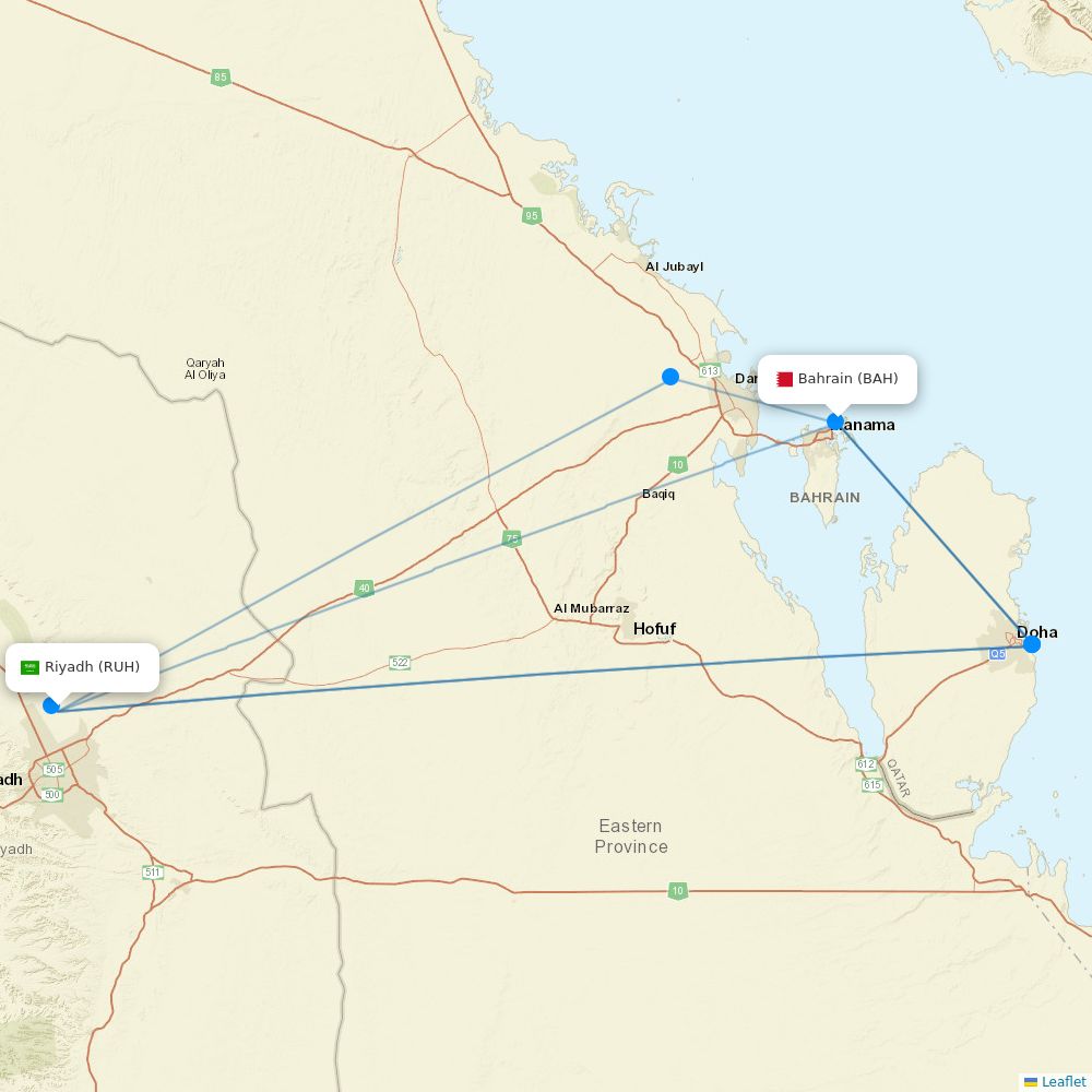 Gulf Air airline routes (GF) 2025, map - Flight Routes