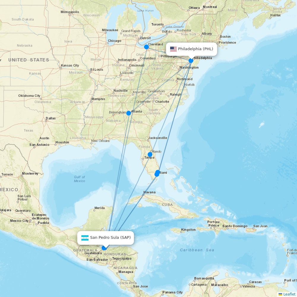 Flights from San Pedro Sula to Philadelphia, SAP to PHL - Flight Routes