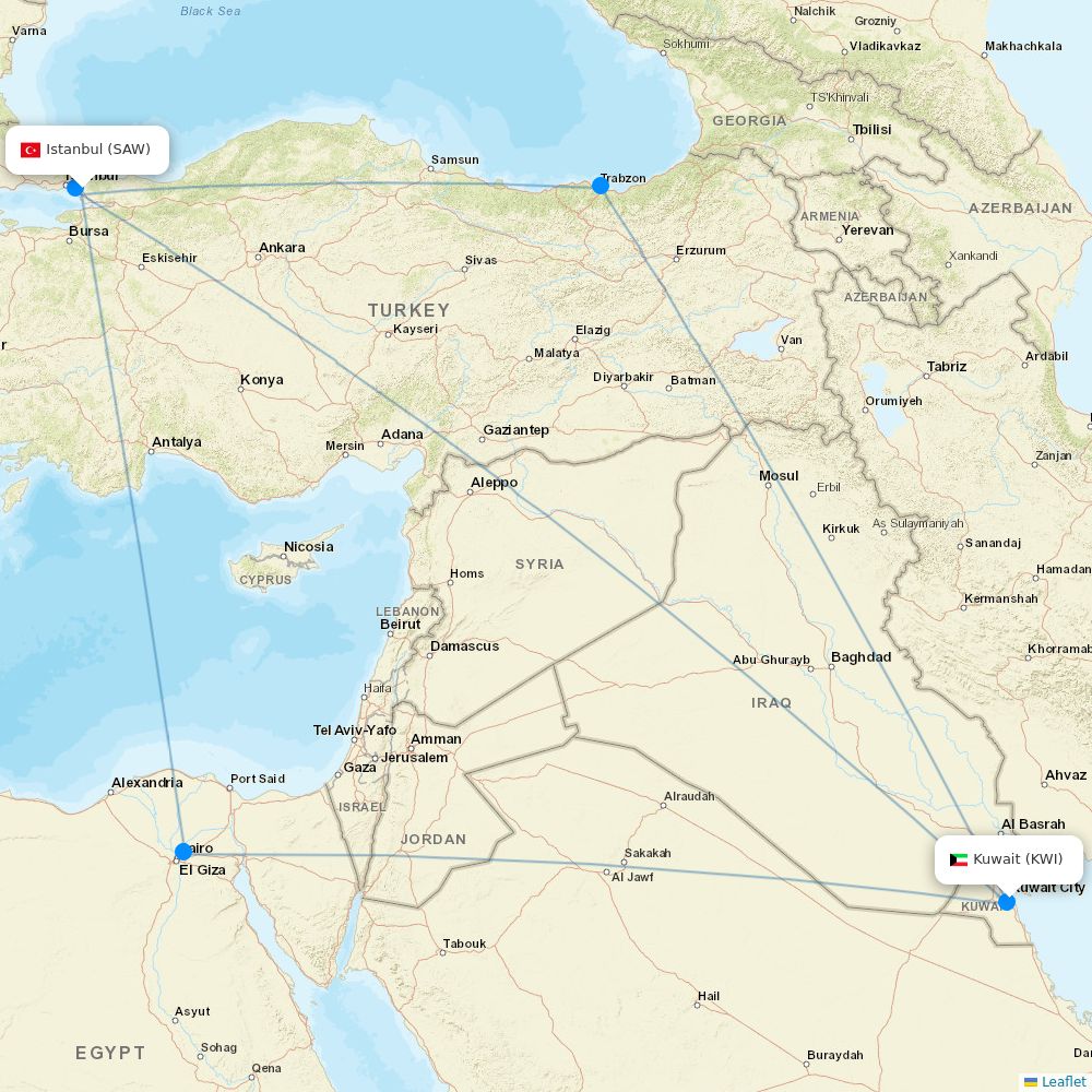 Kuwait Airways airline routes (KU) 2026, map - Flight Routes