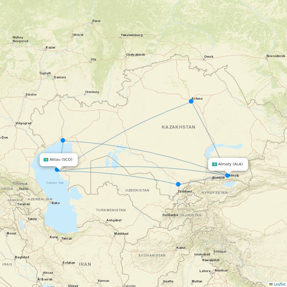 Air Astana airline routes (KC) 2026, map - Flight Routes