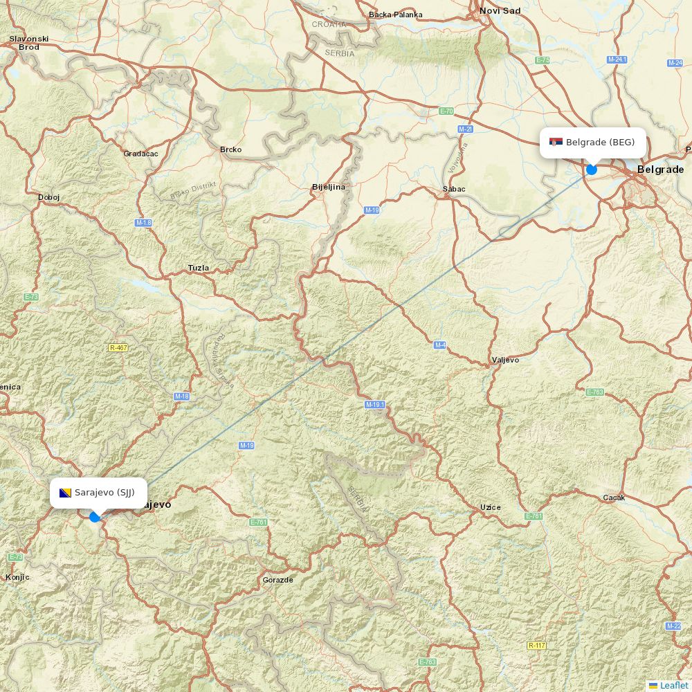Air Serbia airline routes (JU) 2025, map - Flight Routes