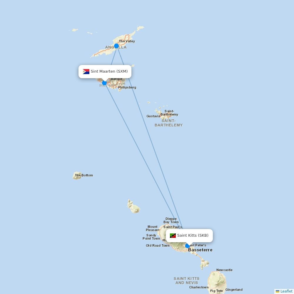 Winair airline routes (WM) 2025, map - Flight Routes