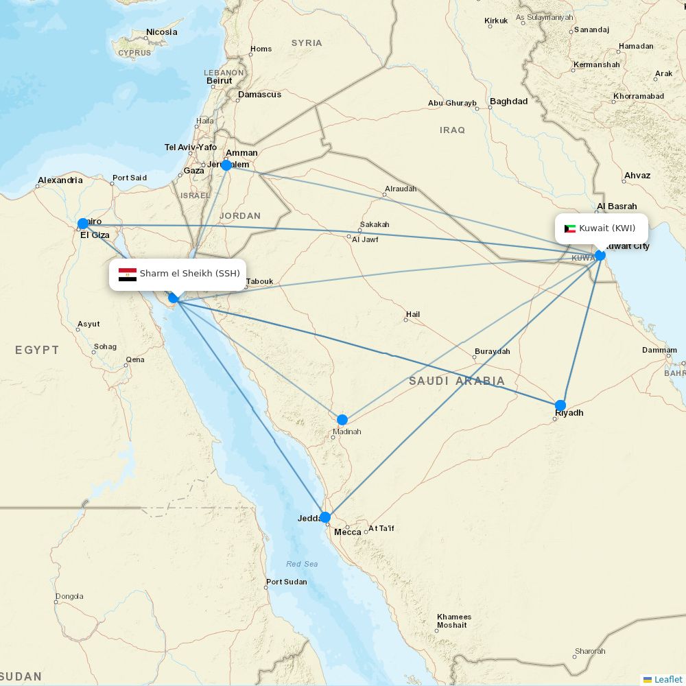Jazeera Airways airline routes (J9) 2026, map - Flight Routes