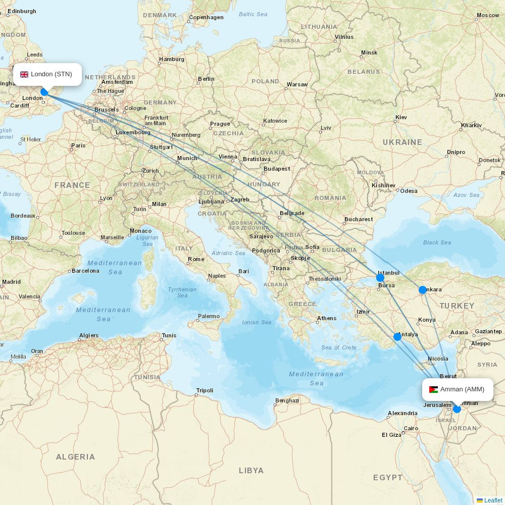 Royal Jordanian airline routes (RJ) 2025, map - Flight Routes