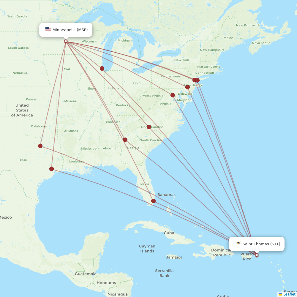 Flights from Saint Thomas to Minneapolis, STT to MSP - Flight Routes