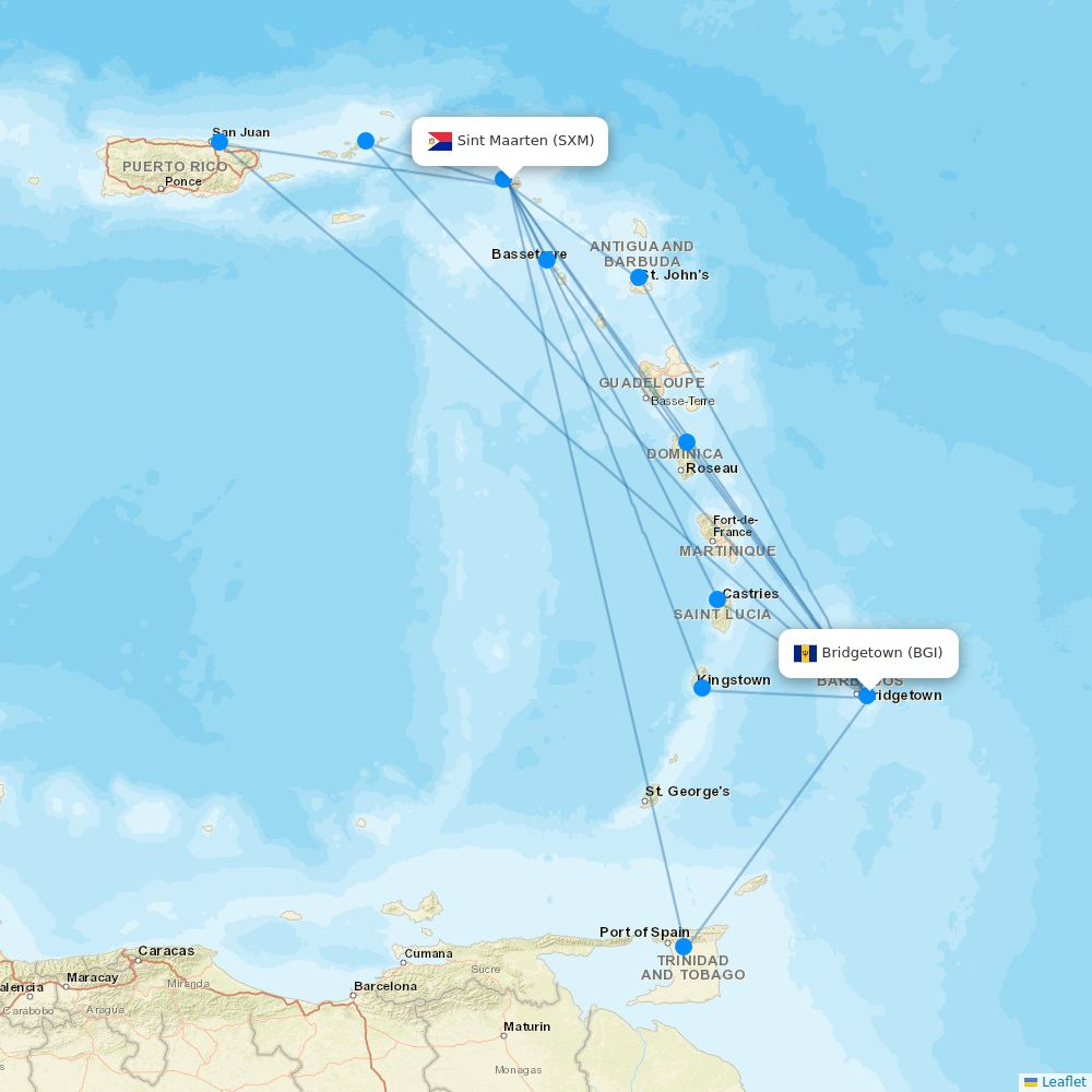 Winair airline routes (WM) 2025, map - Flight Routes