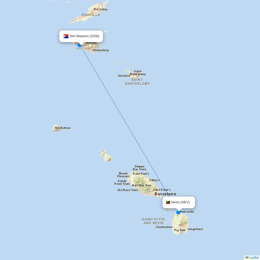 Winair airline routes (WM) 2025, map - Flight Routes