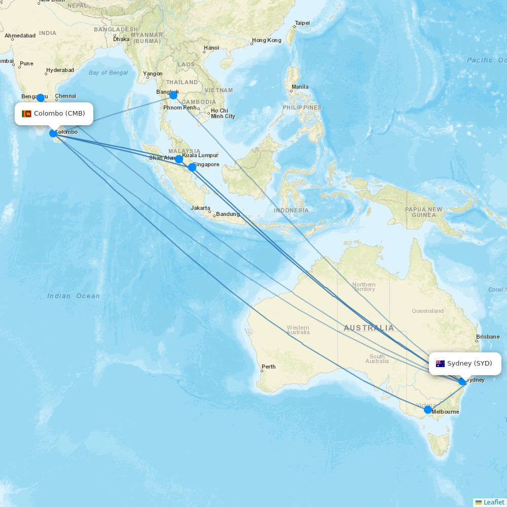 SriLankan Airlines routes (UL) 2025, map - Flight Routes
