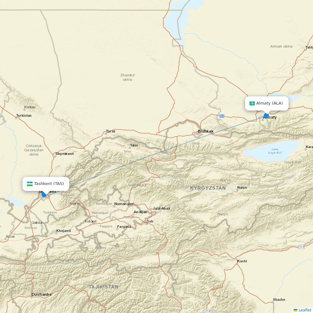 Uzbekistan Airways airline routes (HY) 2025, map - Flight Routes