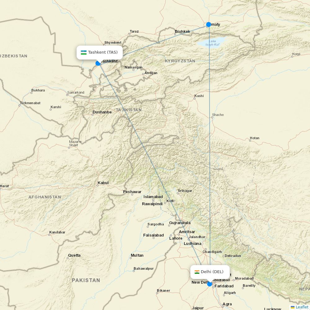 Uzbekistan Airways airline routes (HY) 2025, map - Flight Routes