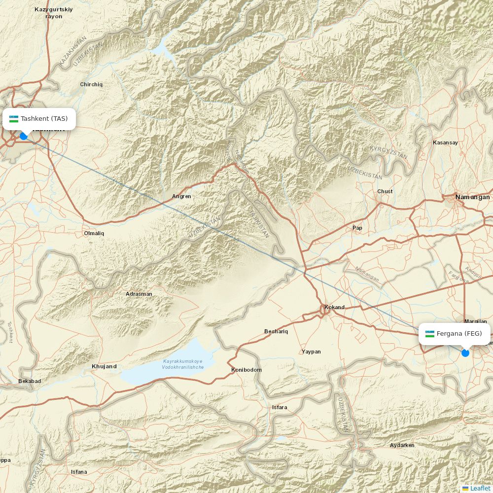 Uzbekistan Airways airline routes (HY) 2025, map - Flight Routes
