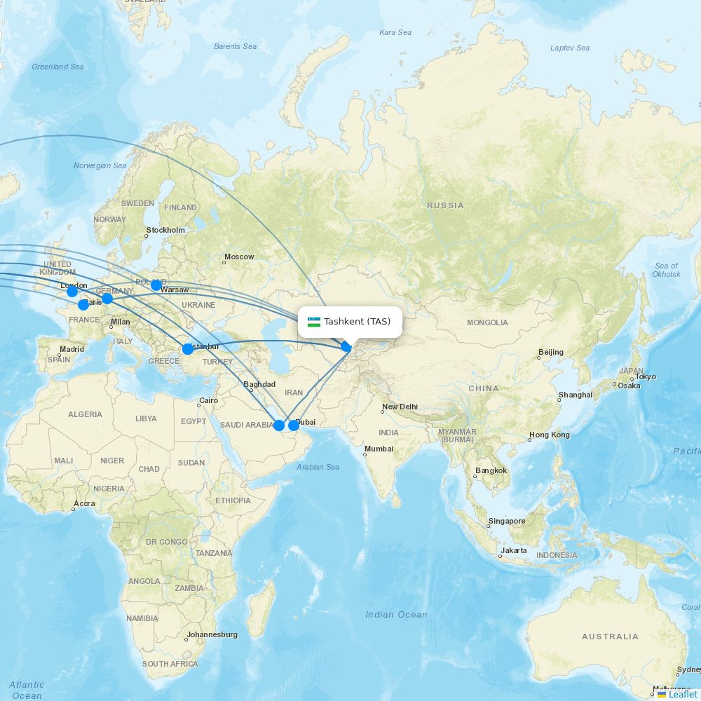 Uzbekistan Airways airline routes (HY) 2025, map - Flight Routes