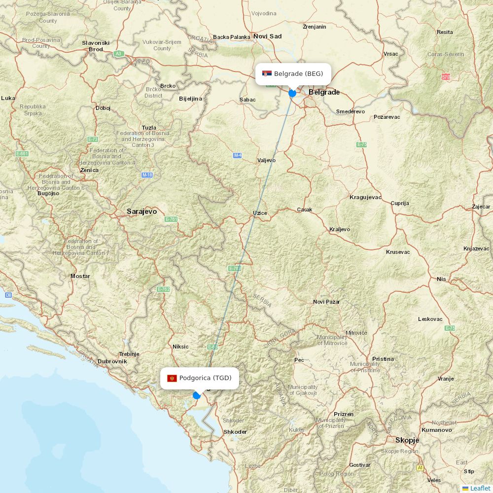 Air Serbia airline routes (JU) 2025, map - Flight Routes