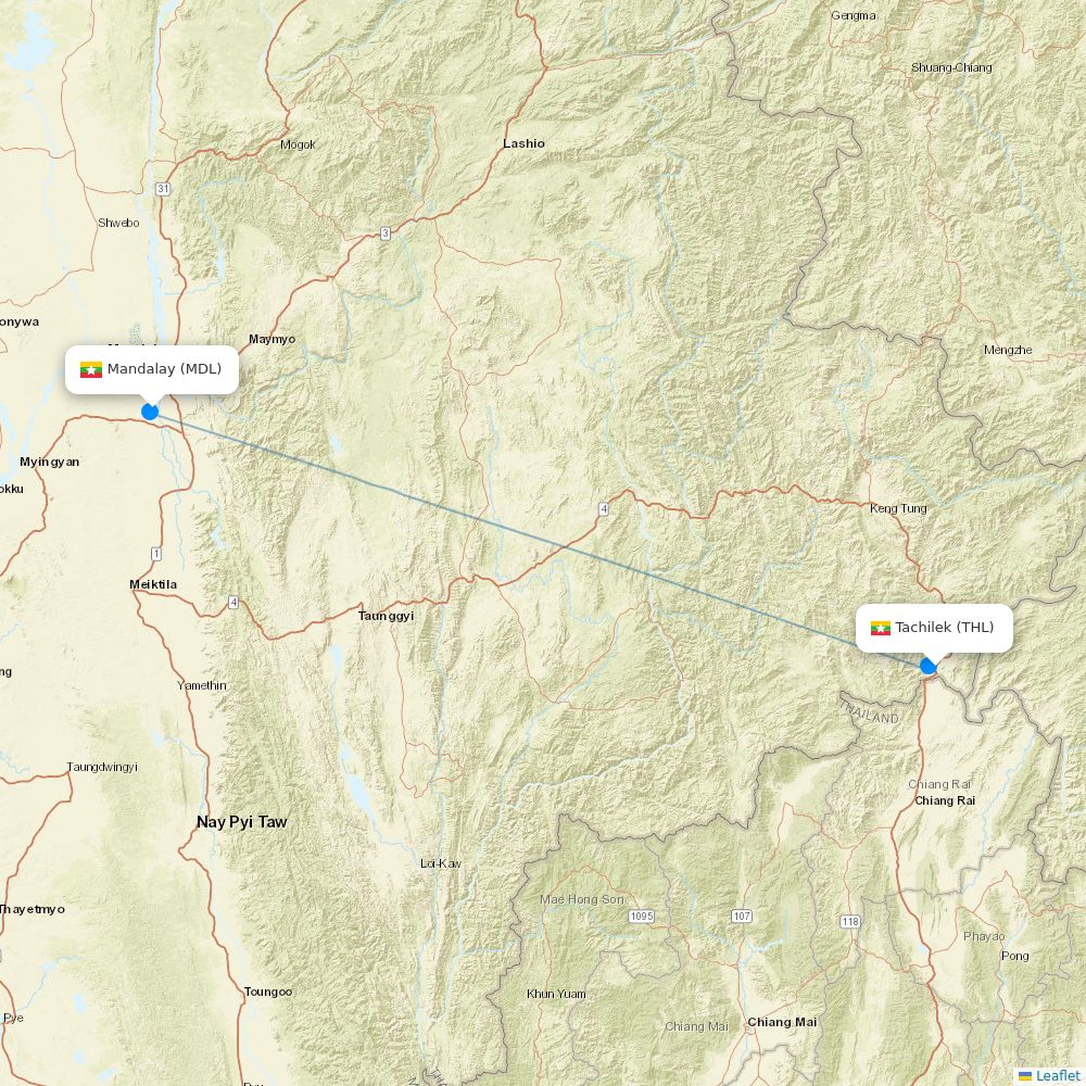 Myanmar Airways International airline routes (8M) 2025, map - Flight Routes
