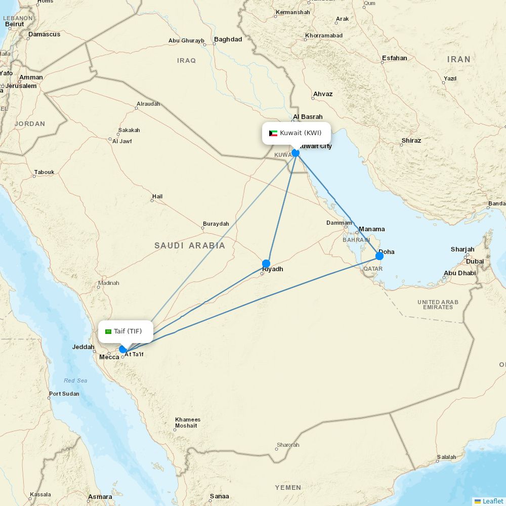 Jazeera Airways airline routes (J9) 2025, map - Flight Routes