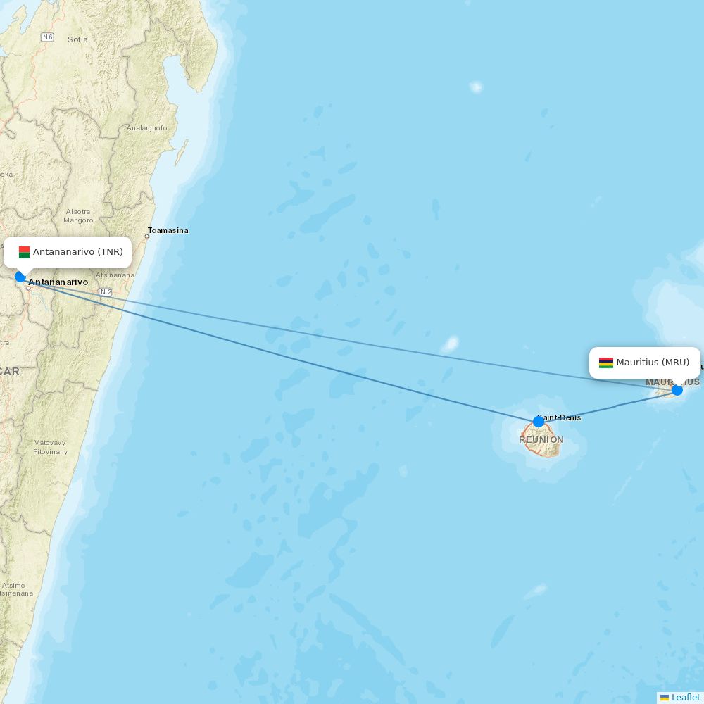 Air Mauritius airline routes (MK) 2026, map - Flight Routes