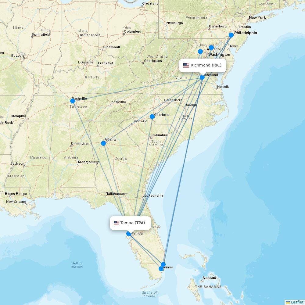 Breeze Airways airline routes (MX) 2025, map - Flight Routes