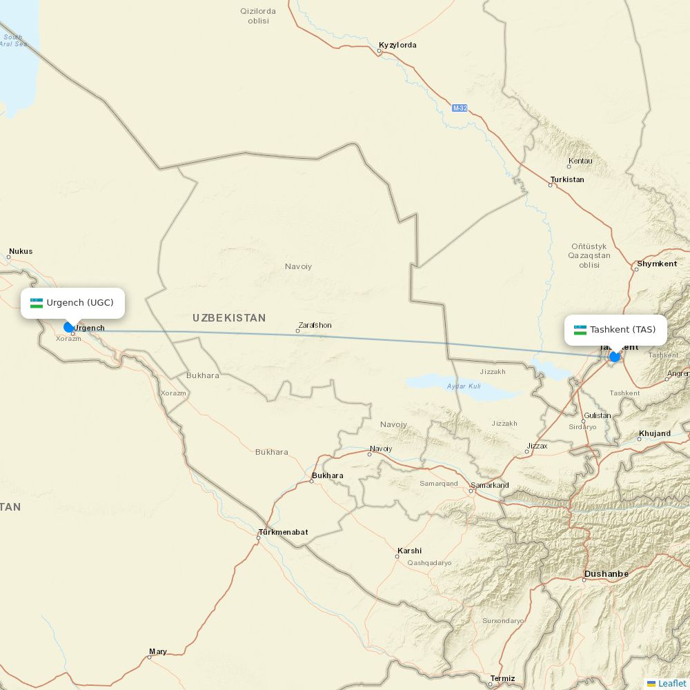 Uzbekistan Airways airline routes (HY) 2025, map - Flight Routes