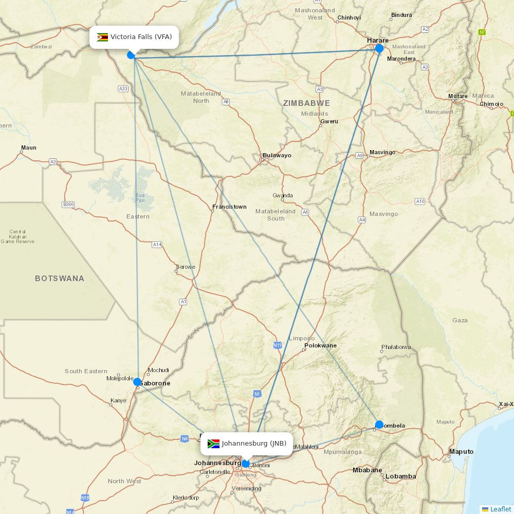 CemAir airline routes (5Z) 2025, map - Flight Routes