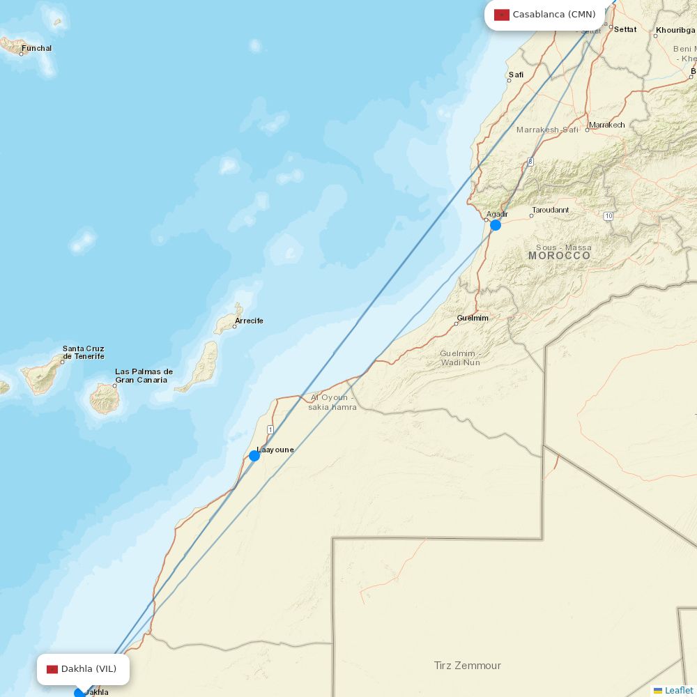 Royal Air Maroc airline routes (AT) 2026, map - Flight Routes