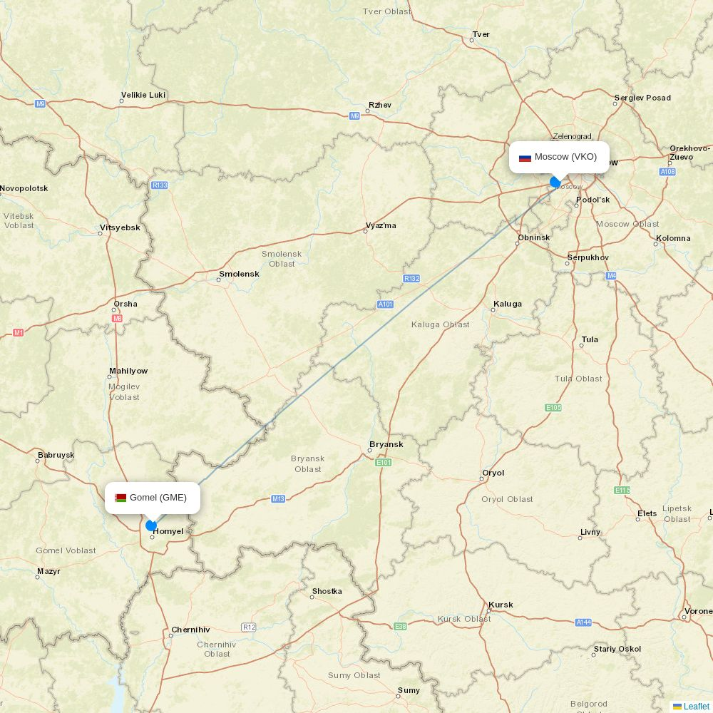 Belavia airline routes (B2) 2026, map - Flight Routes