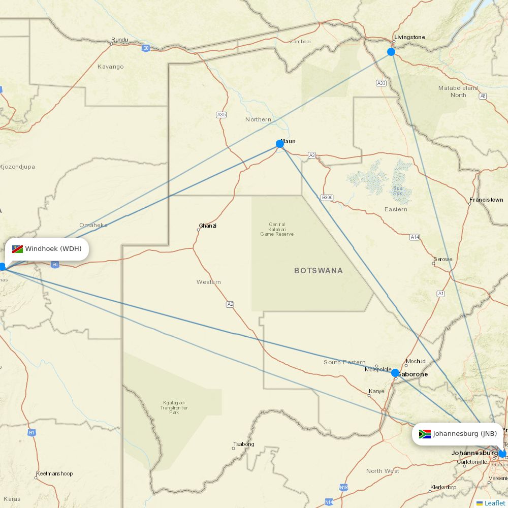 South African Airways airline routes (SA) 2025, map - Flight Routes