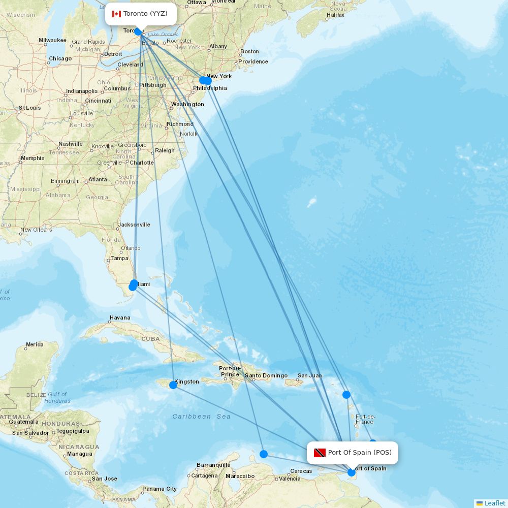 Caribbean Airlines routes (BW) 2025, map - Flight Routes