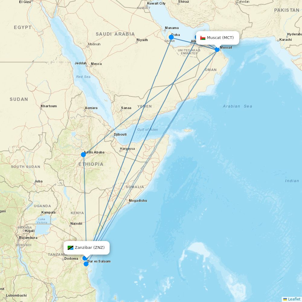 Oman Air airline routes (WY) - map - Flight Routes