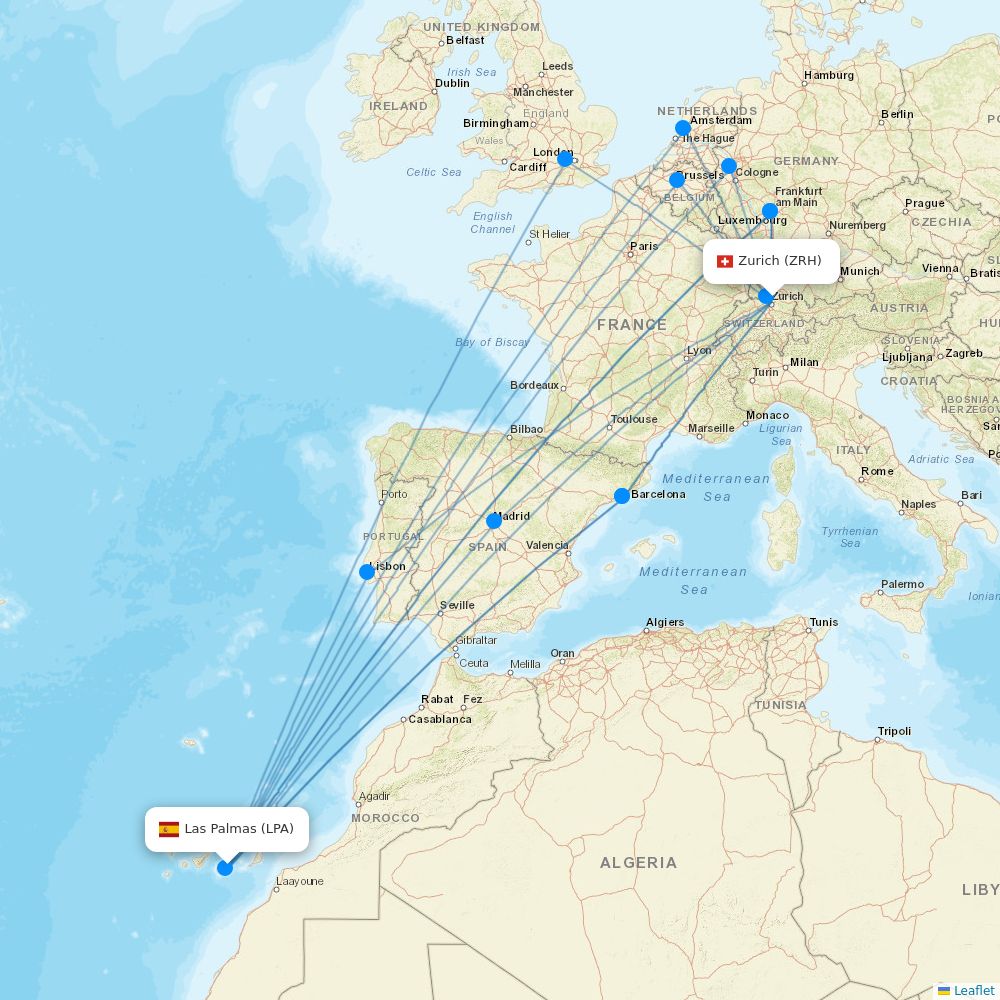 Edelweiss Air airline routes (WK) 2025, map - Flight Routes