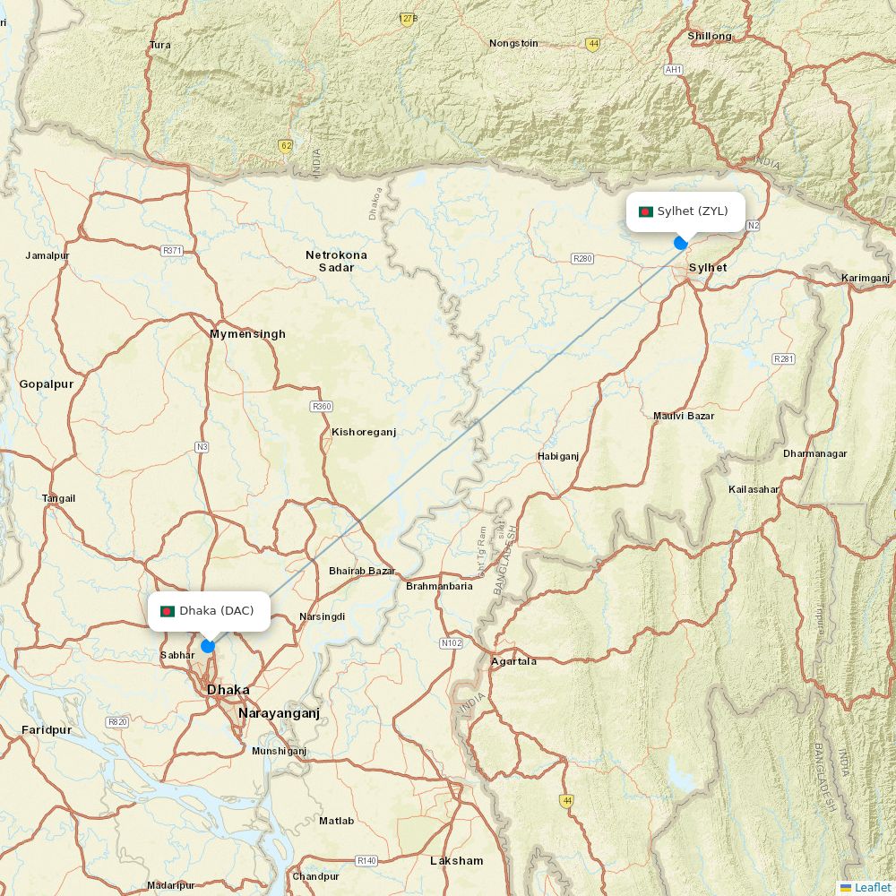 Biman Bangladesh Airlines routes (BG) 2025, map - Flight Routes